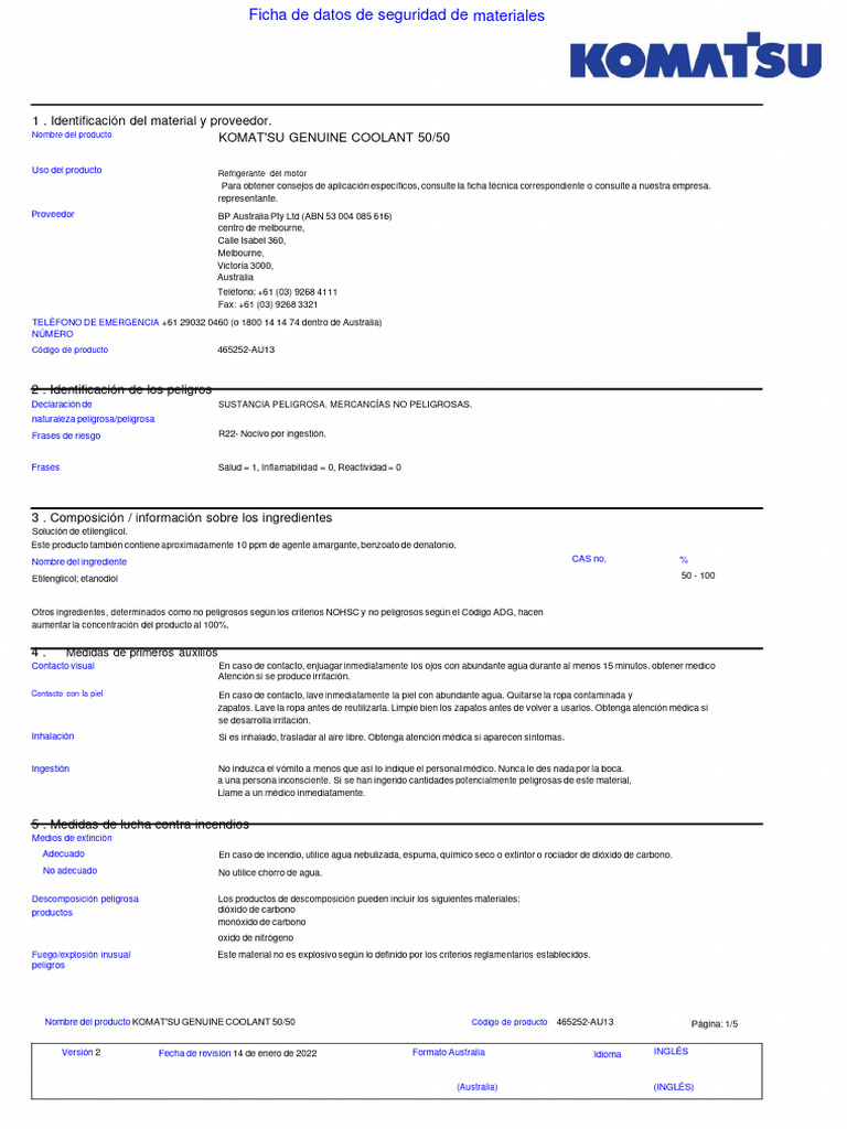 MSDS - KOMAT'SU GENUINE COOLANT 50-50 - Actualizada | PDF