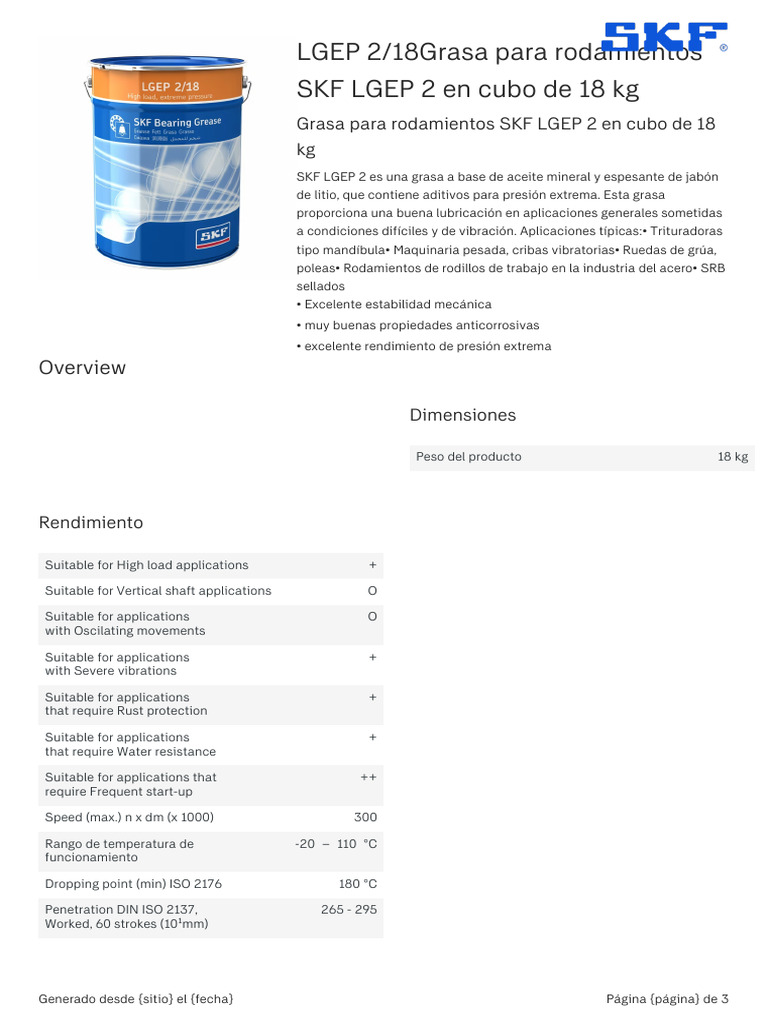 SKF LGEP 2 - 18grasa para Rodamientos SKF LGEP 2 en Cubo de 18 KG Specification | Descargar ...