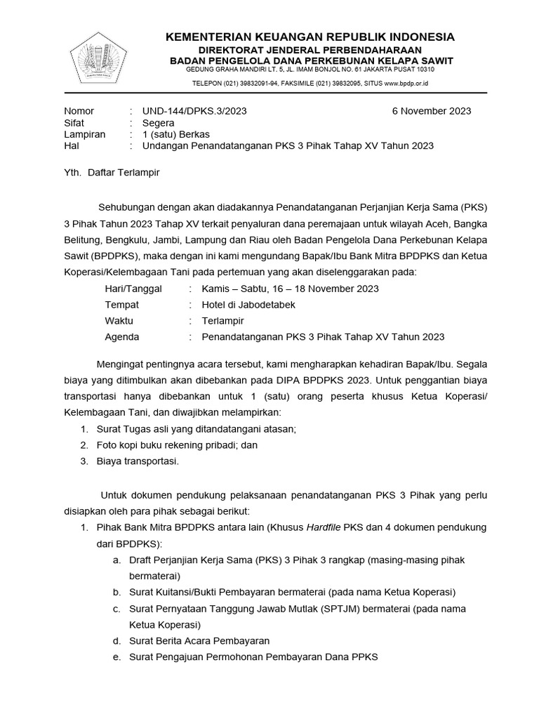 Undangan PKS 3 Pihak Tahap XV Tahun 2023 | PDF