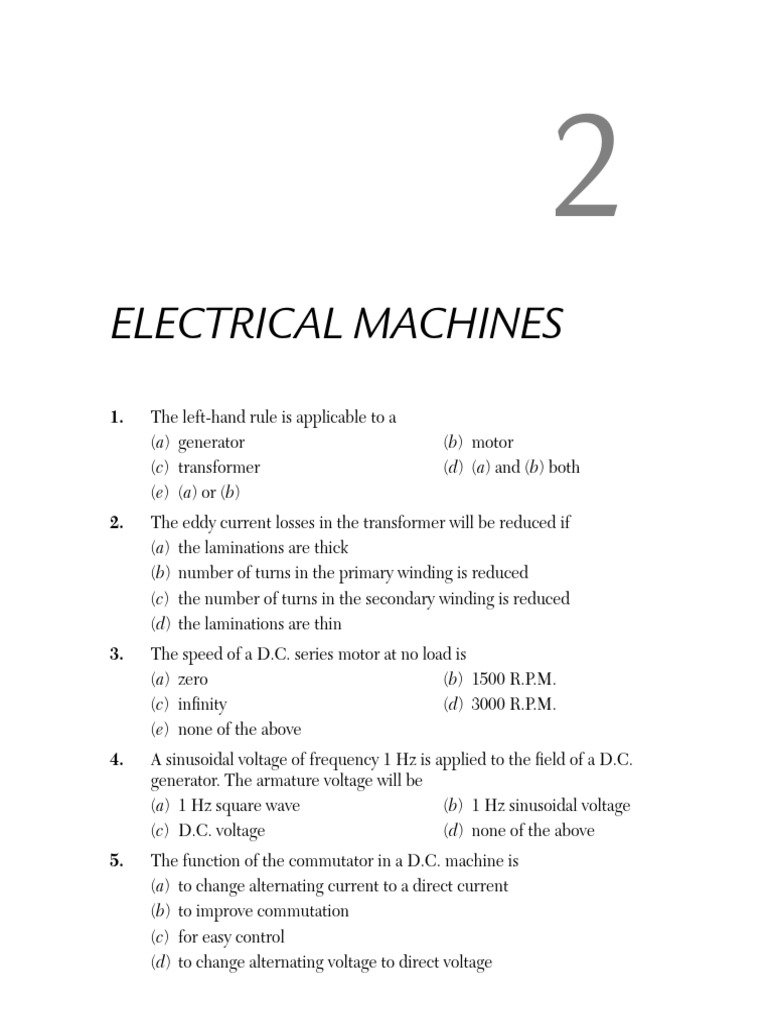 Electrical Machines MCQs and Answers | PDF | Electric Motor | Transformer