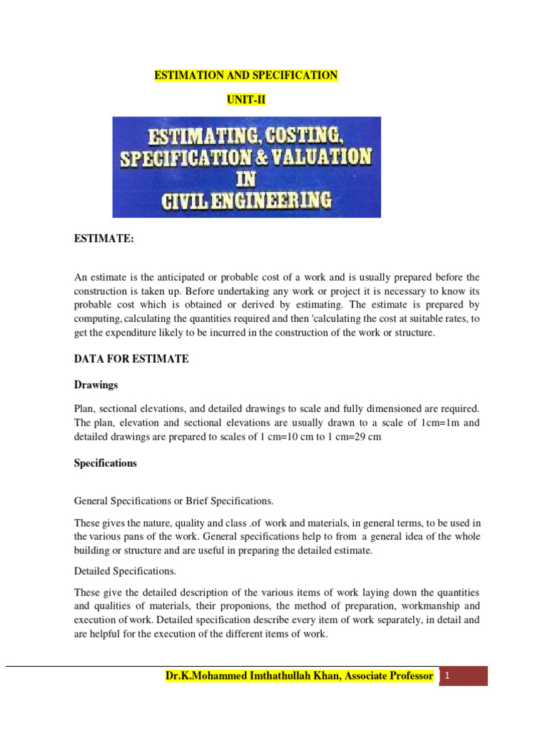 ESTIMATION AND SPECIFICATION Unit-2 | PDF | Technology & Engineering | Art