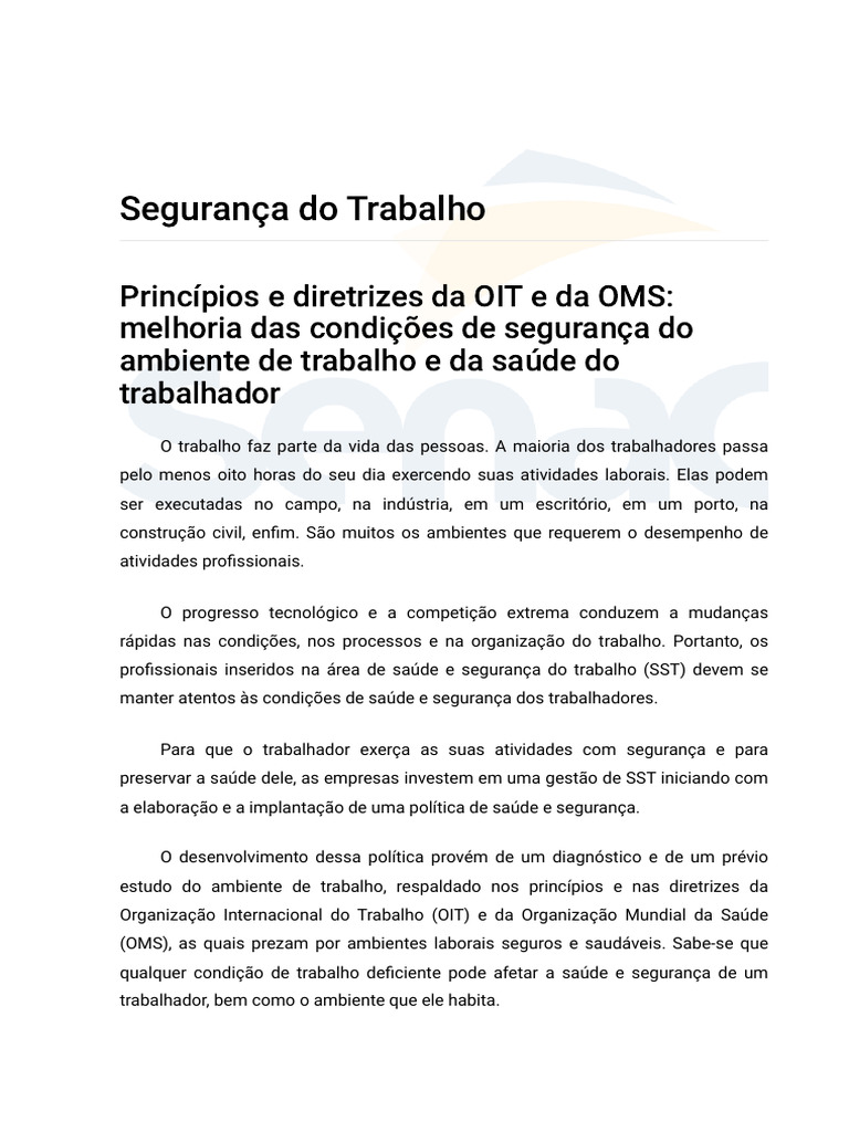 Princípios e Diretrizes Da OIT e Da OMS | PDF | Organização Mundial da ...