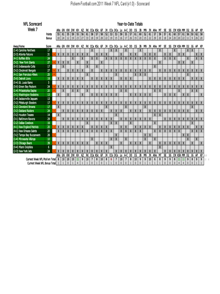 2011 Week 7 NFL Card (v1.0) - Scorecard | PDF | History