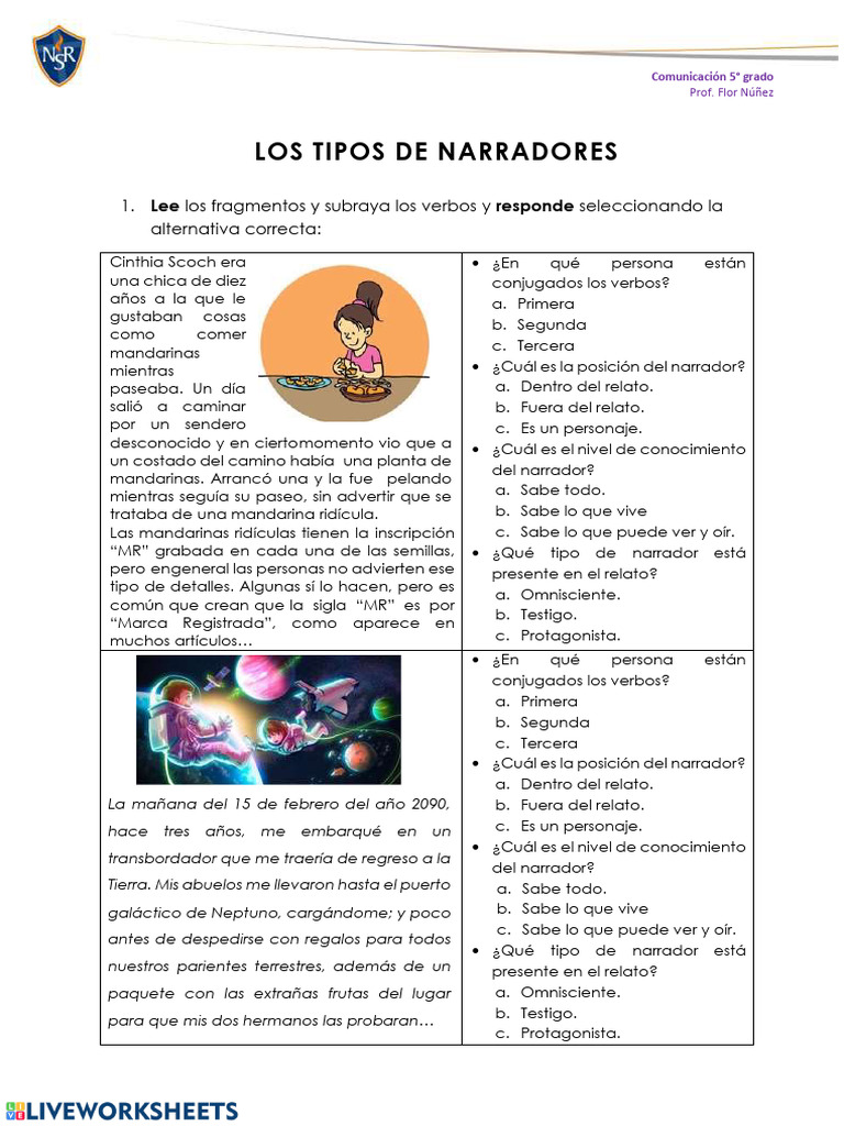 Los Tipos de Narradores: 1. Lee Los Fragmentos y Subraya Los Verbos y ...