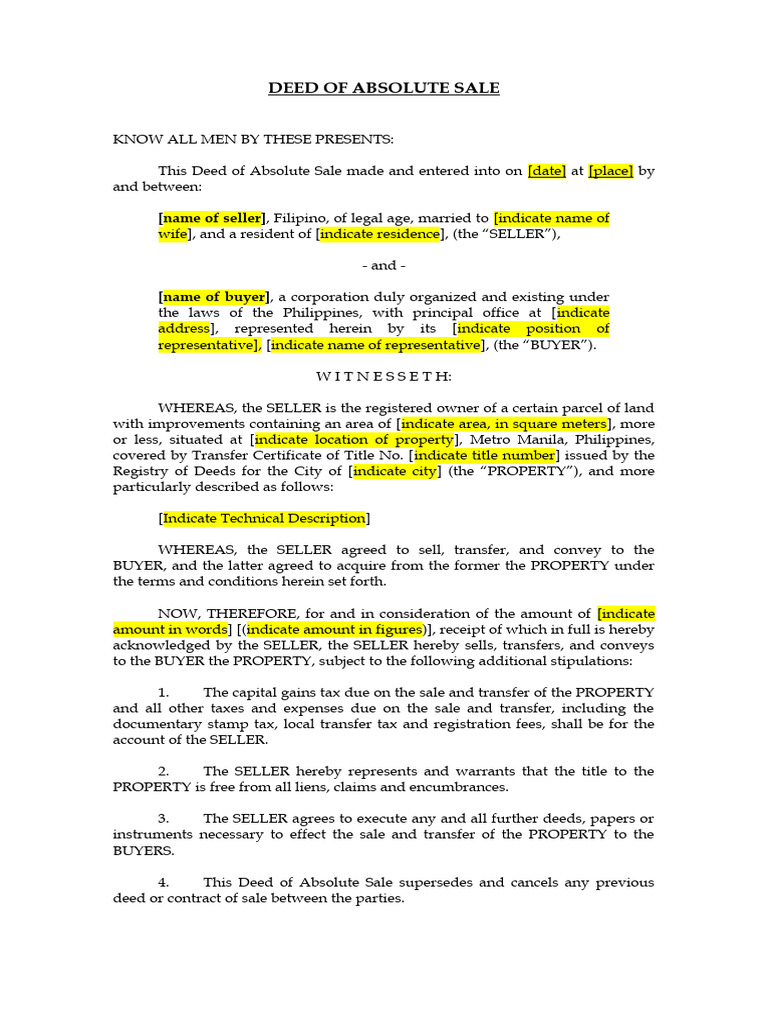 Sample Deed of Absolute Sale Template | PDF | Deed | Sales