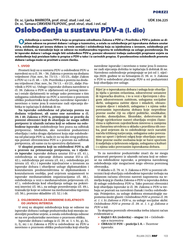 Oslobođenja PDV-a 1.dio | PDF