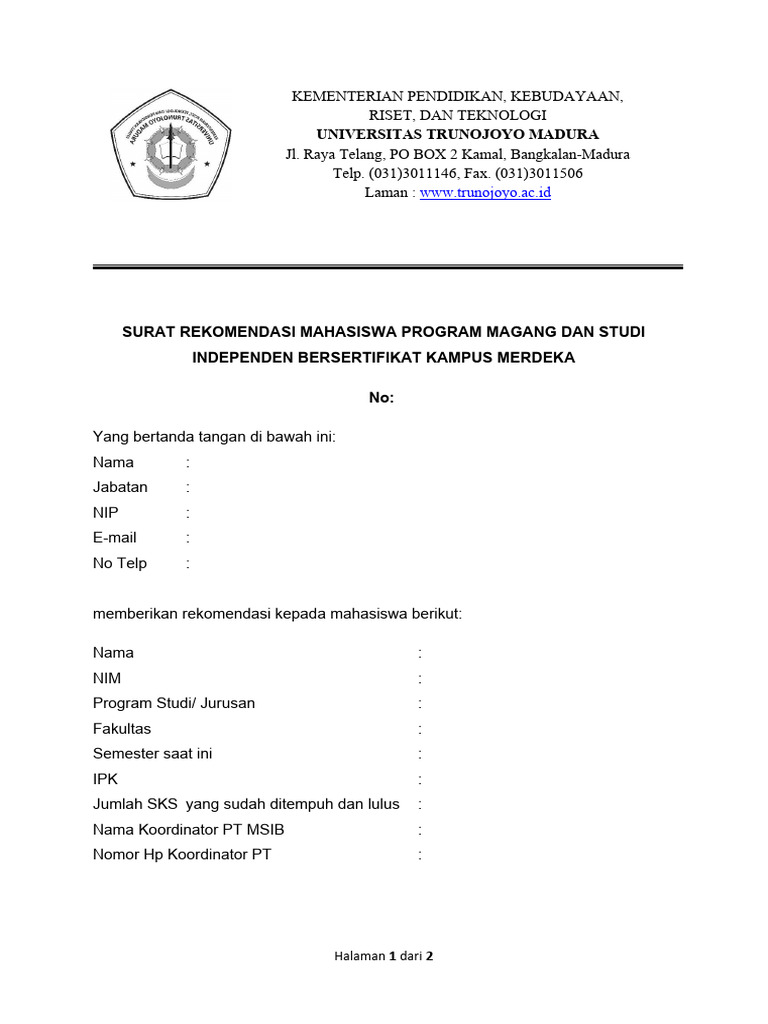 (Format) Surat Rekomendasi PT Untuk Mahasiswa Program MSIB Angkatan 4 | PDF