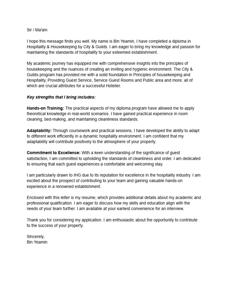 Hospitality Diploma Application Letter | PDF