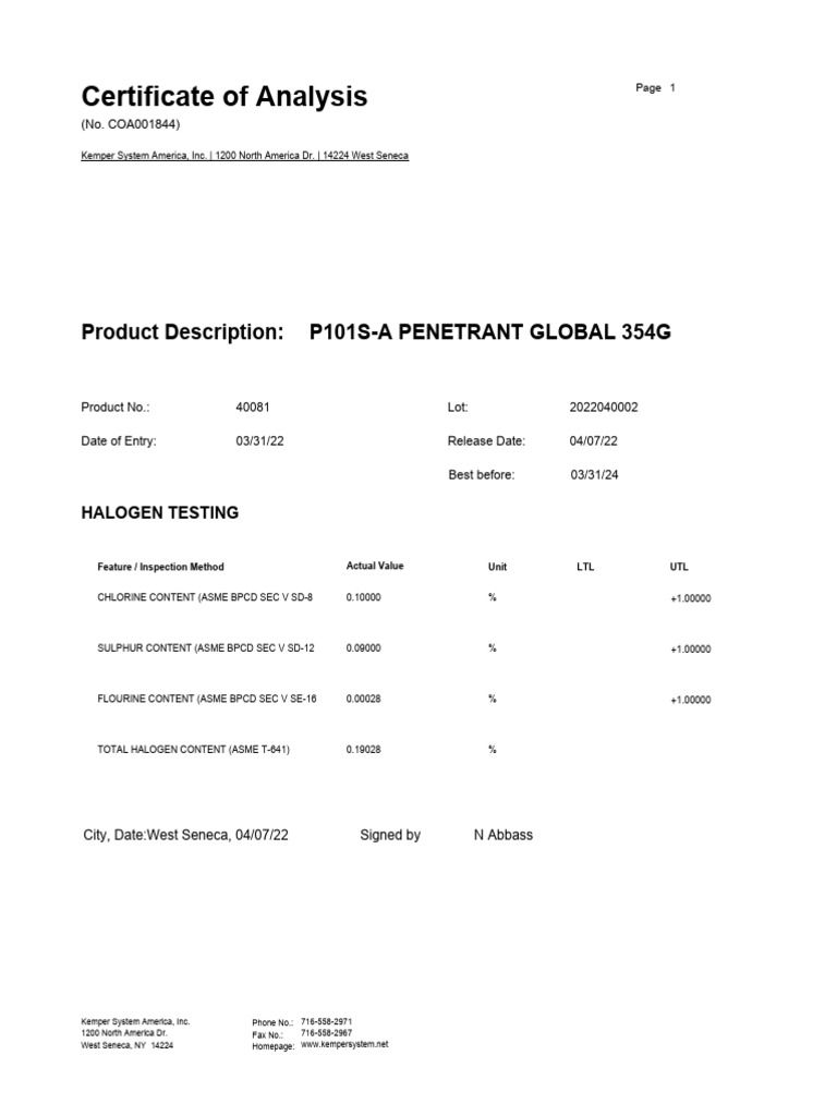 Certificate of Analysis: P101S-A Penetrant Global 354G Product Description | PDF