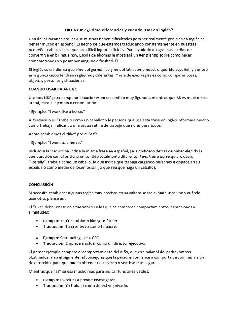 LIKE Vs AS | PDF | Idioma en Inglés