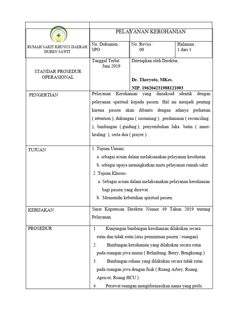 SPO PELAYANAN KEROHANIAN Snars | PDF