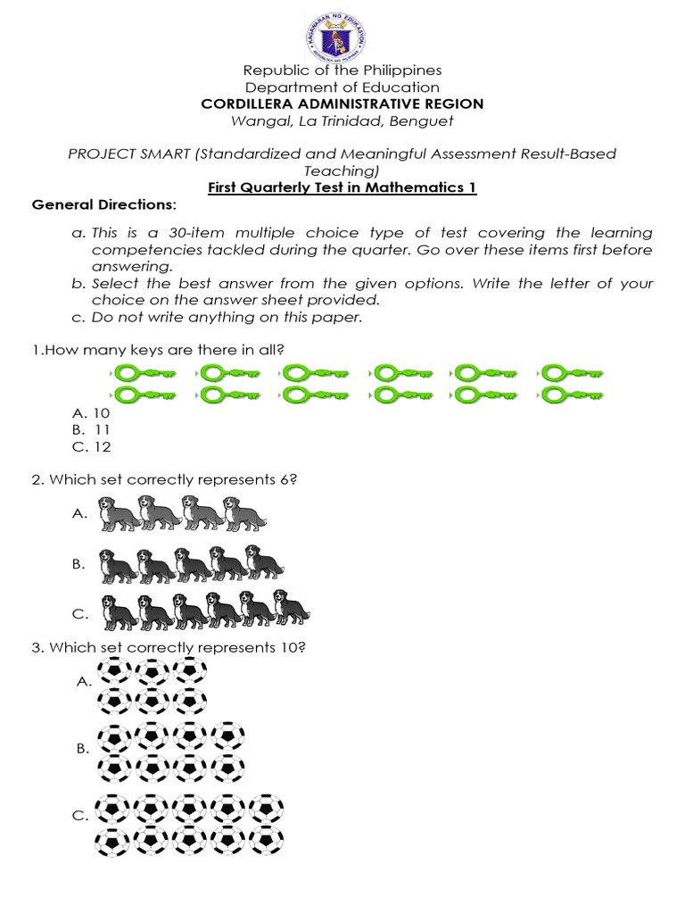 First Quarterly Math Test for Grade 1 | PDF | Multiple Choice