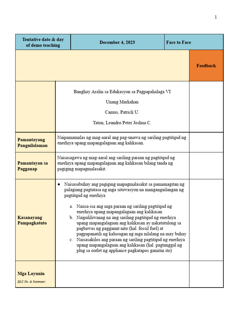 (Initial Draft) VE18 - CAMUS-TATON - Lesson Plan | PDF