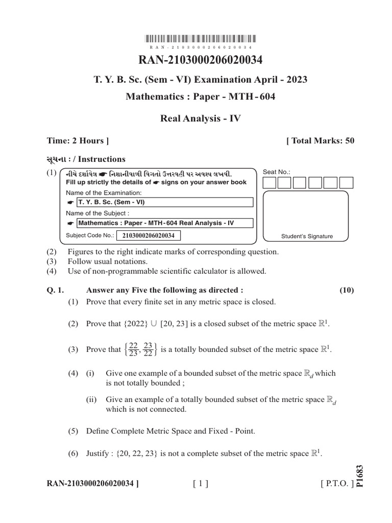 T. Y. B. Sc. (Sem - VI) Examination April - 2023 Mathematics: Paper ...