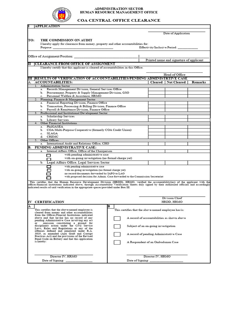 COA Central Office Clearance | PDF | Accountability | Audit