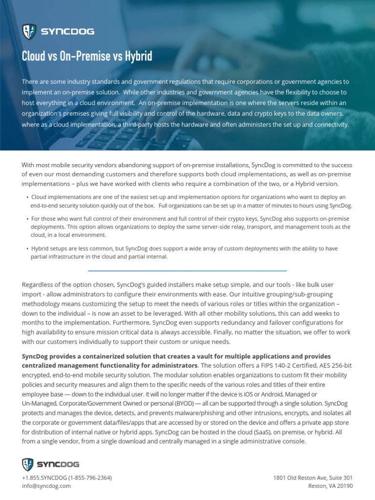 SyncDog Cloud Vs On Premise Vs Hybrid | PDF | Cloud Computing | Mobile App