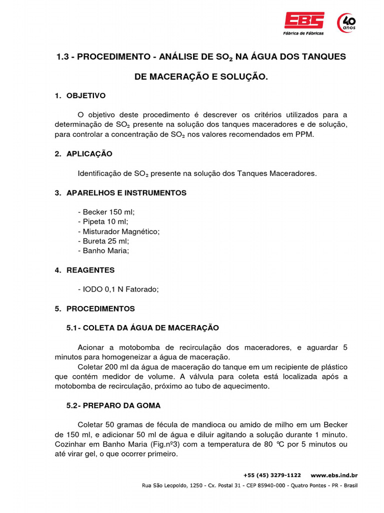 1.3 - PROCEDIMENTO ANÁLISE DE SO2 NA ÁGUA DOS TM - Rev3 | PDF ...