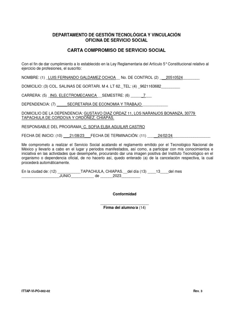 ITTAP-VI-PO-002-02 Carta Compromiso Del Servicio Social | PDF | Gobierno