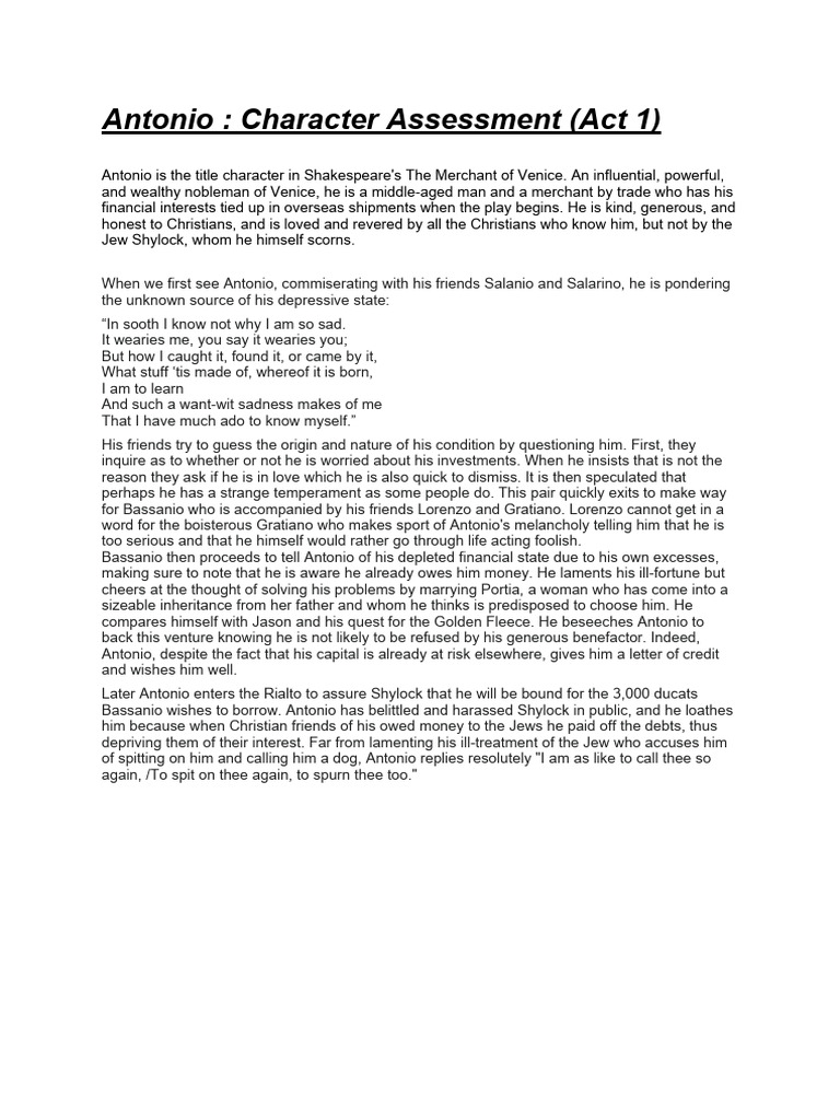 Antonio Character Assessment (Act 1) | PDF