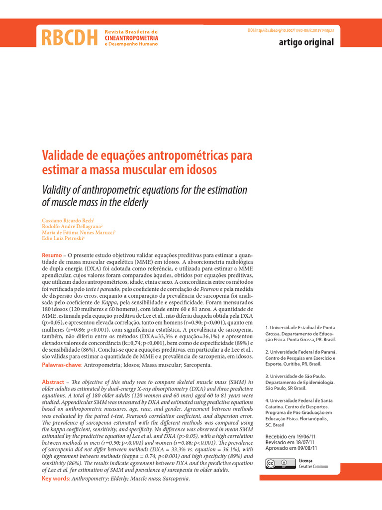 Validity of Anthropometric Equations For The Estimation of Muscle Mass ...