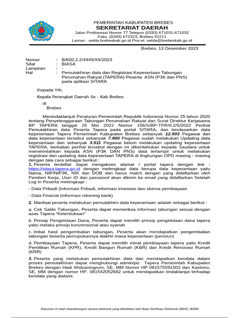 Surat Pemutakhiran Dan Registrasi Peserta Tapera 2023 | PDF