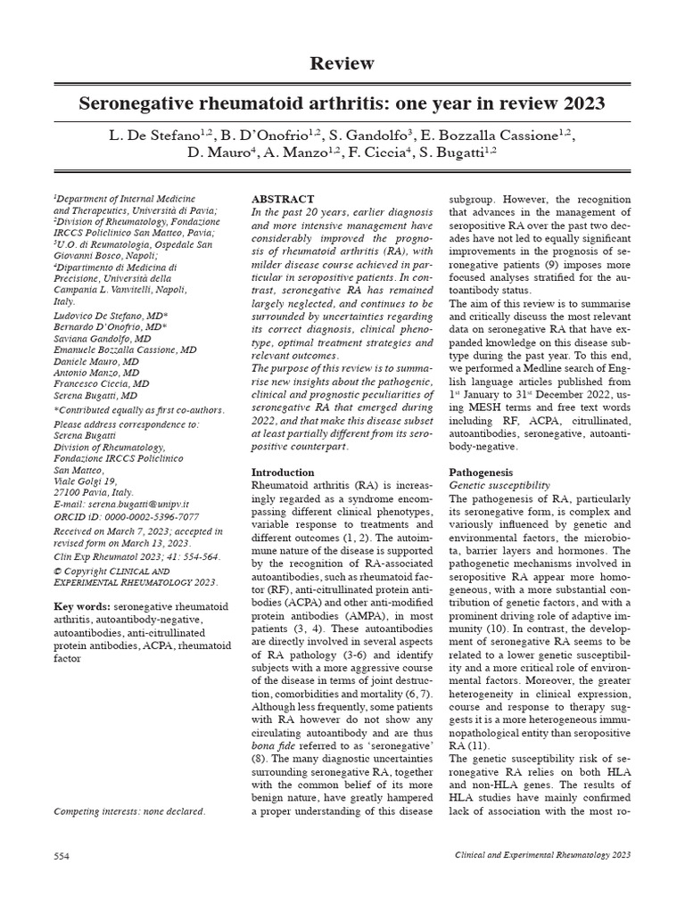 Seronegative Rheumatoid Arthritis: One Year in Review 2023 | PDF ...