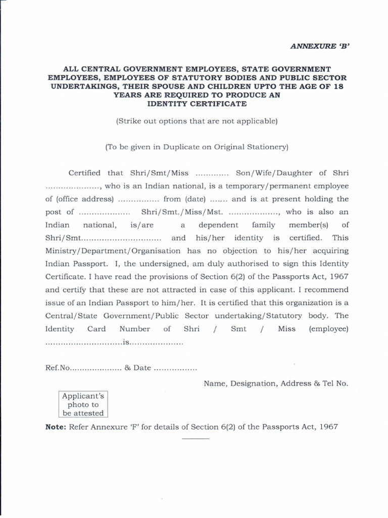 Annexure B - Passport ID Certificate For Government Servents & Wards | PDF