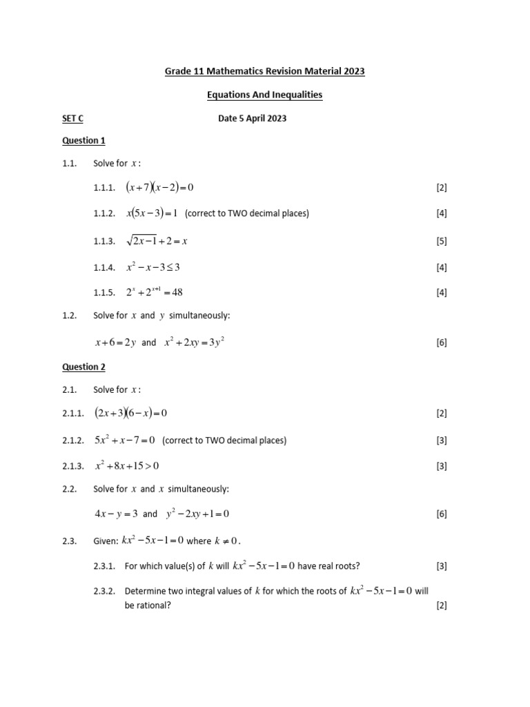 Grade 11 Mathematics Revision | PDF | Quadratic Equation | Applied ...