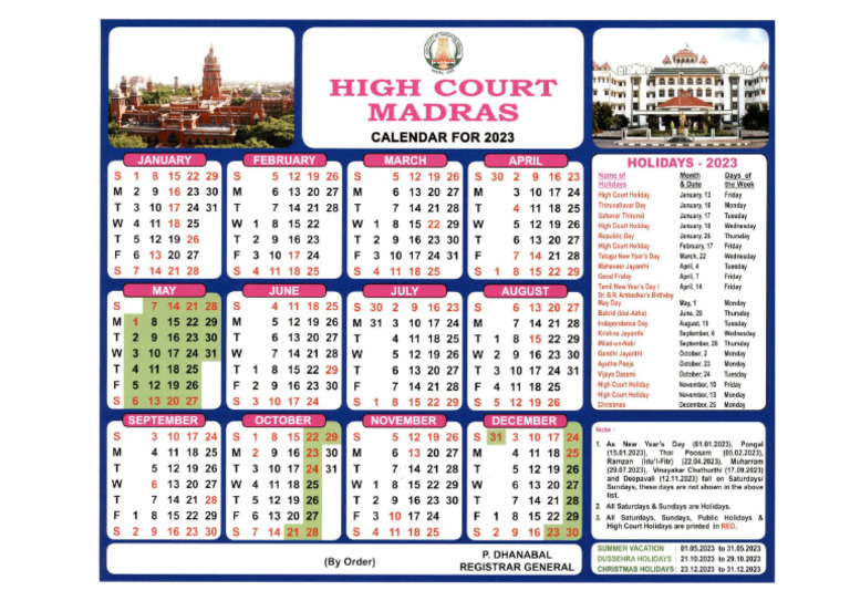 Honble High Court Madras Calendar For 2023 | PDF