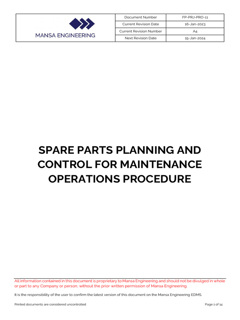 Spare Parts Planning Procedure | PDF | Business | Business Process