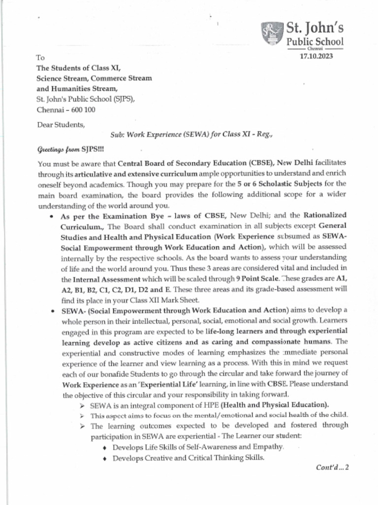 Work Experience (SEWA) For Class 11 | PDF