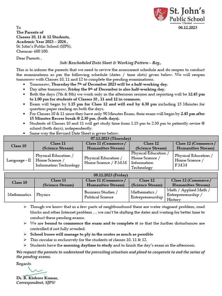 Rescheduled Date Sheet and Working Pattern | PDF | Science