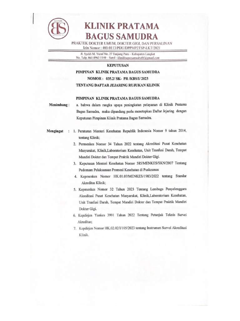 SK Daftar Jejaring Rujukan Klinik | PDF