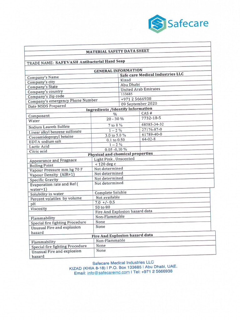 Safe Care Hand Soap SDS | PDF