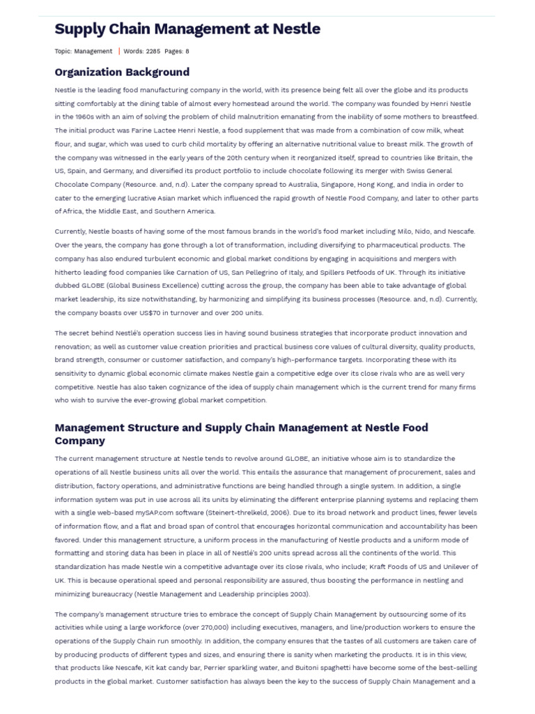 Supply Chain Management at Nestle - Free Essay Example | Download Free PDF | Supply Chain ...