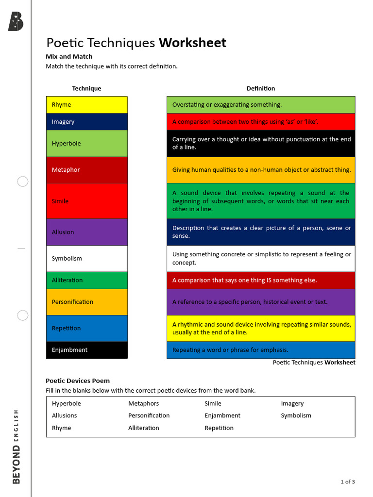 Poetic Techniques Worksheet: Mix and Match | PDF | Poetry | Metaphor