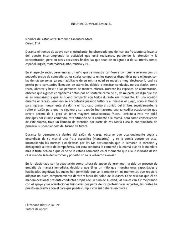 Informe Comportamental Jeronimo Lacouture Mora | Descargar gratis PDF | Sicología | Conceptos ...