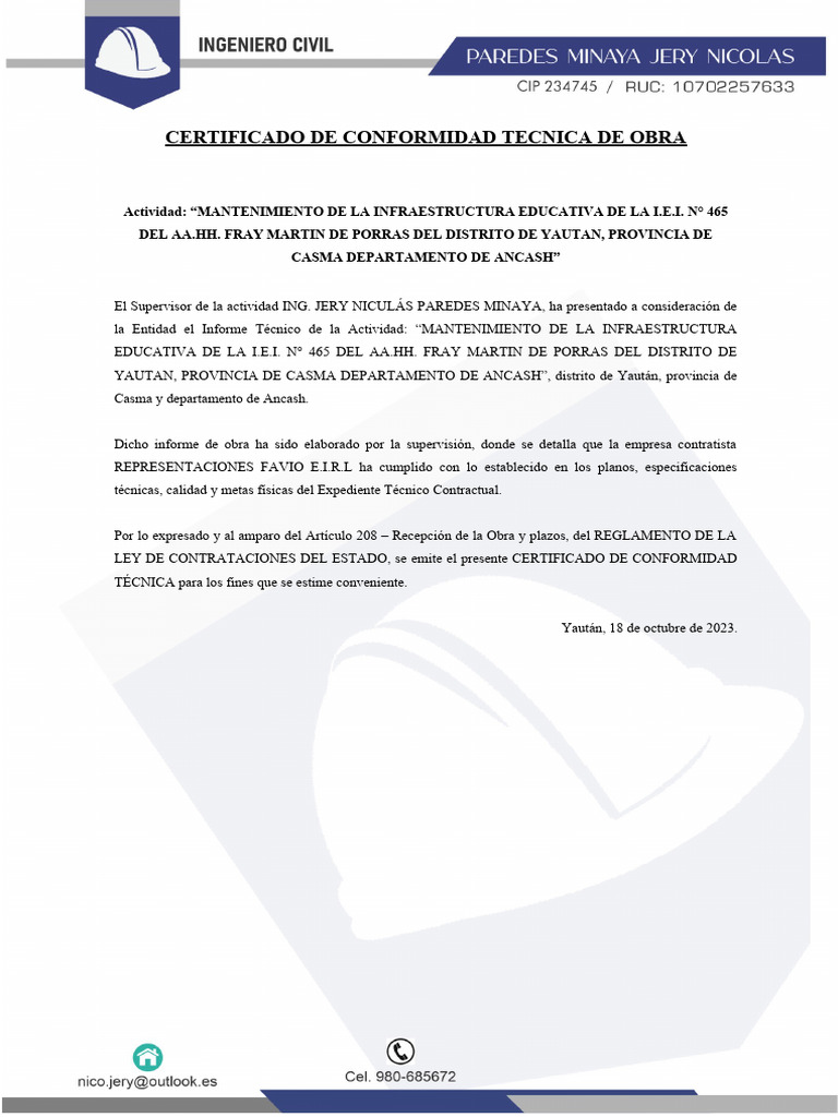 Certificado de Conformidad Tecnica de Obra | PDF