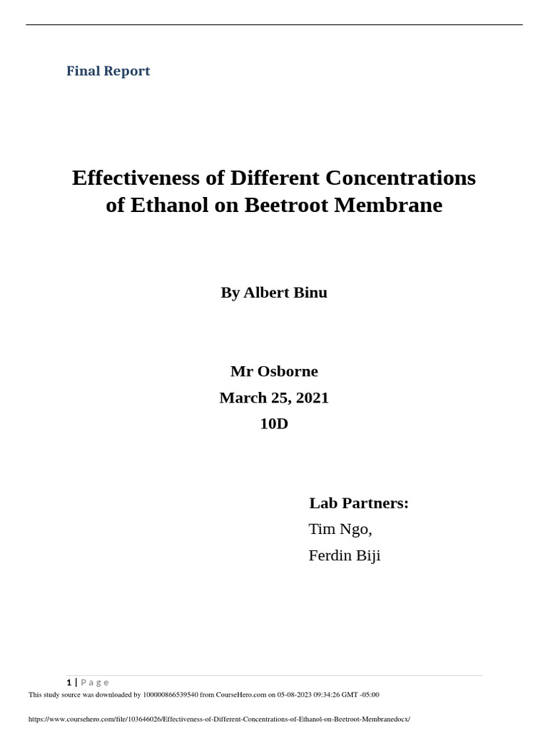 Effectiveness of Different Concentrations of Ethanol On Beetroot ...