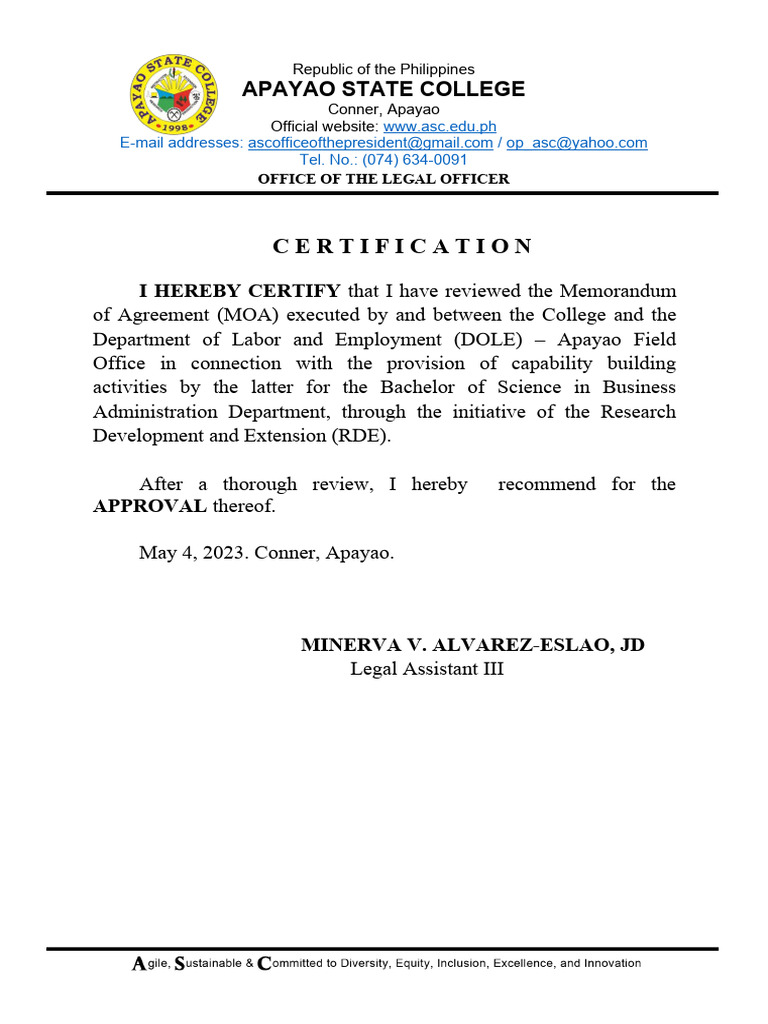 MOA Certification - Dole Apayao | PDF | Career & Growth