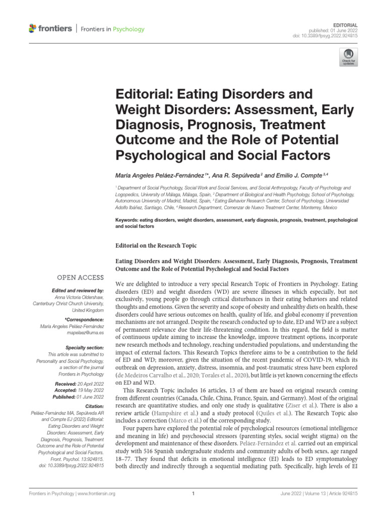 Pelaez-Fernandez Et Al., 2022 Editorial Eating Disorders and Weight ...