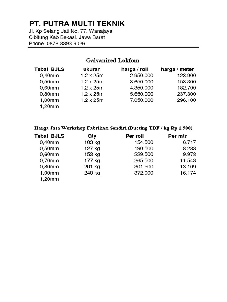 Price List Harga BJLS | PDF