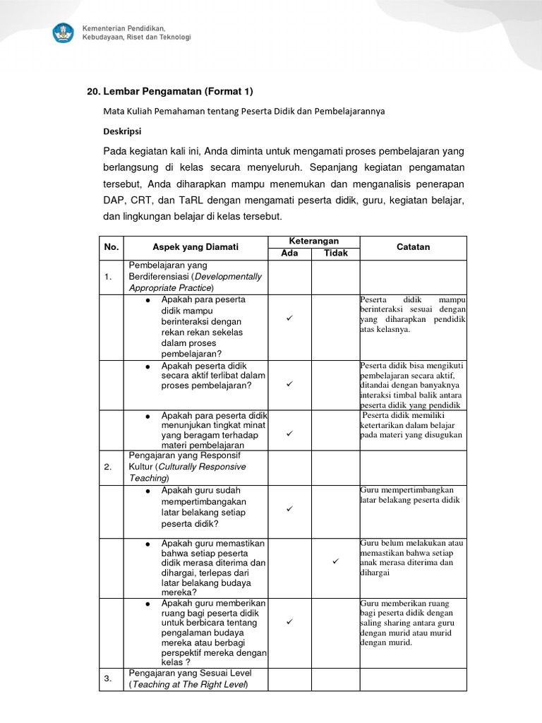 T-1 Lembar Pengamatan Elaborasi | PDF