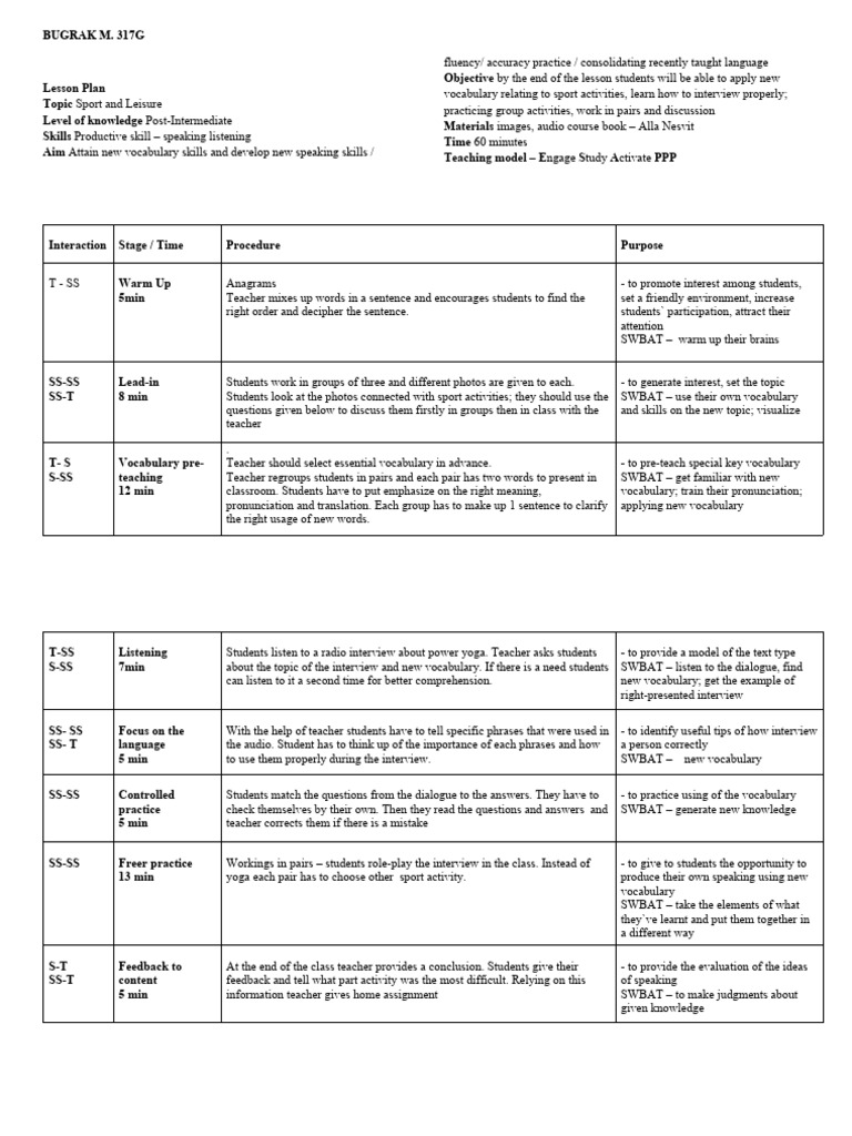 Sport and Leisure Lesson Plan | PDF | Vocabulary | Lesson Plan