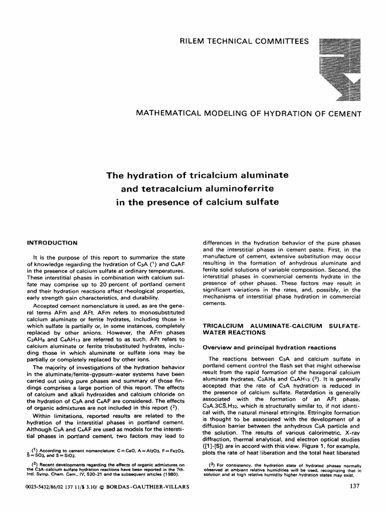 The Hydration of Tricalcium Aluminate and Tetracalcium Aluminofe 1986 ...