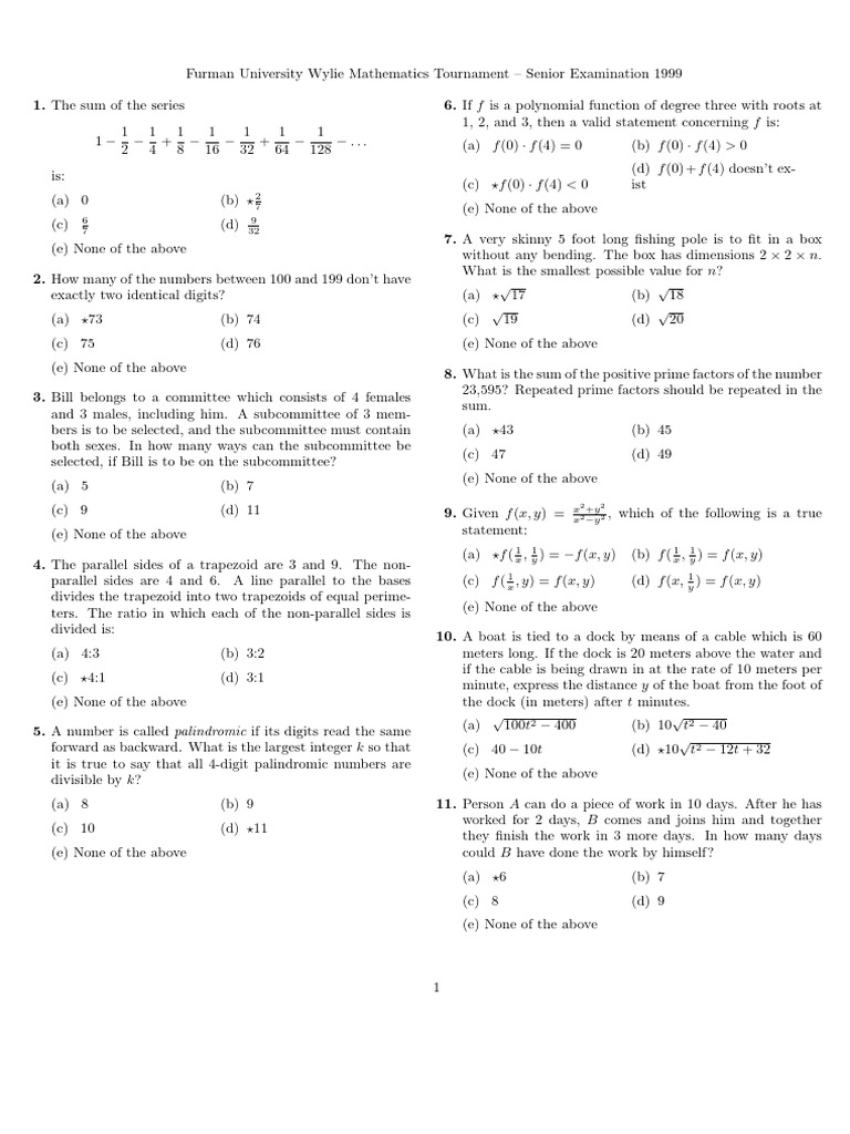 Furman Math Tournament, Senior Exam 1999 | PDF | Square Root ...