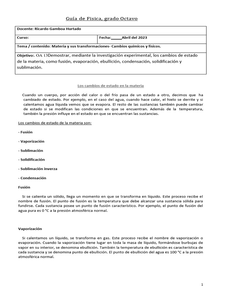 Guia Sobre Los Cambios de La Materia | PDF | Líquidos | Condensación