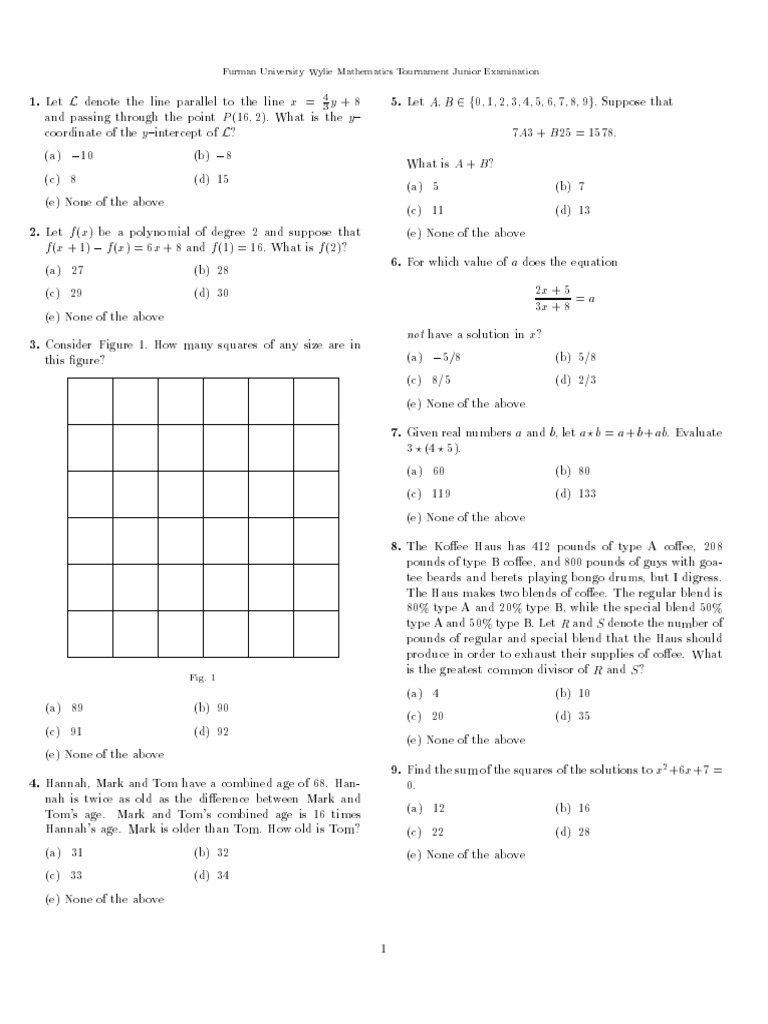 Furman Math Tournament, Junior Exam 1996 | PDF | Area | Triangle