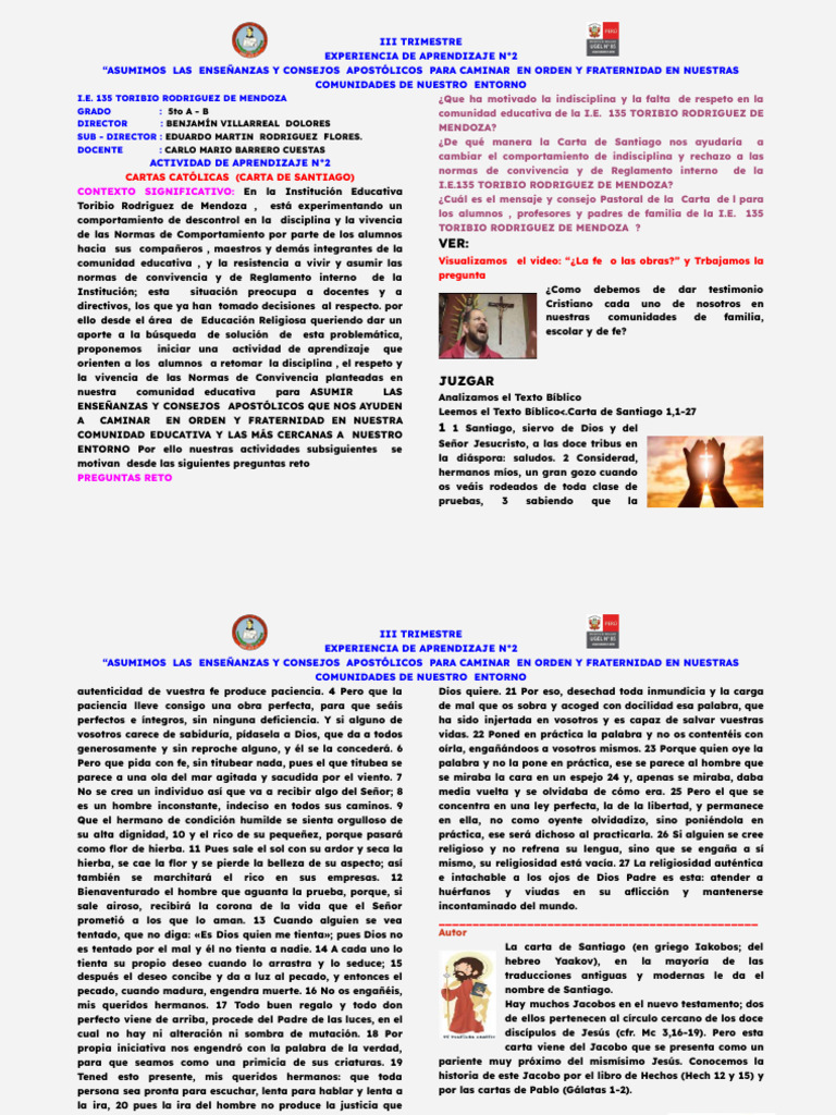 ACTIVIDAD DE APRENDIZAJE N°2 CARTAS CATÓLICAS (CARTA DE SANTIAGO) 5to A - B | PDF | Aprendizaje ...