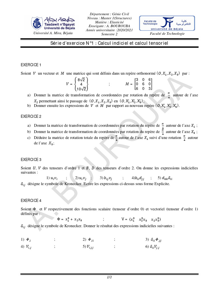 Série de TD N°1 Calcul Indiciel Et Calcul Tensoriel | PDF | Tenseur ...